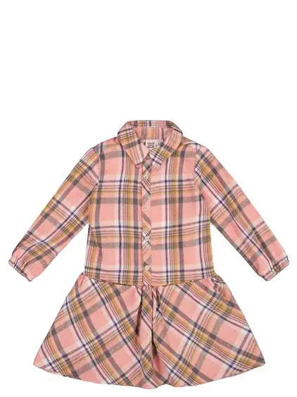 DEUX PAR DEUX Shirt Plaid Dress With Frill - Pink, Yellow And Gray