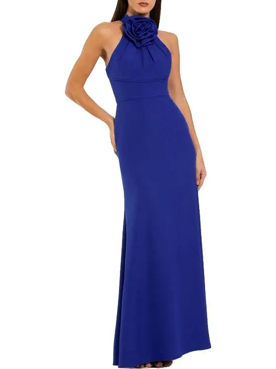 Mac Duggal Flower Halter Neck Crepe Column Gown - Cobalt
