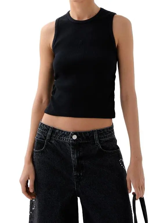 SCALPERS Ribbed Tank Top With Gathered Side Detail - Black