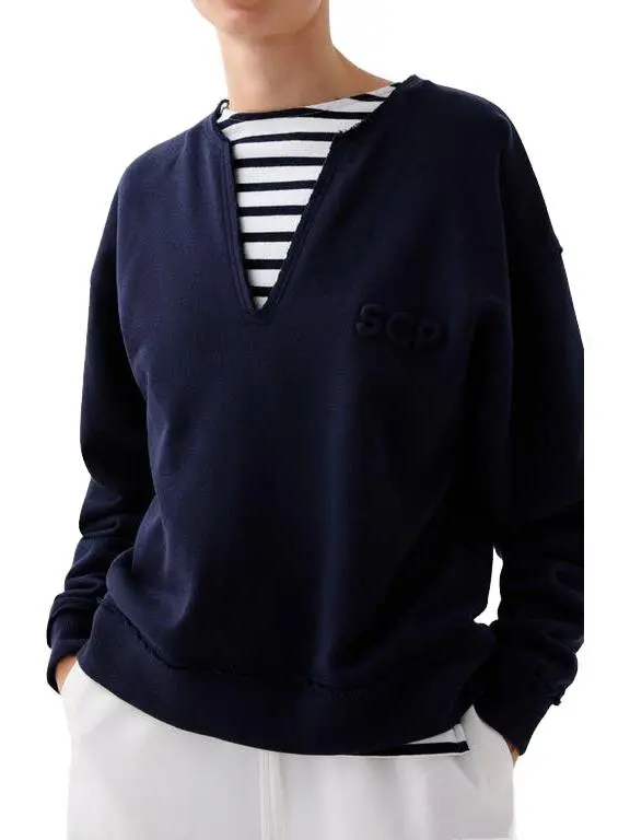 SCALPERS V Embossed Cotton Sweater - Navy