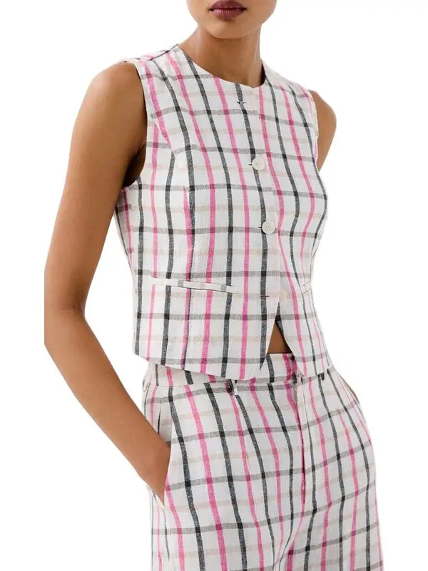 SCALPERS Vichy Printed Linen Waistcoat - Black-pink