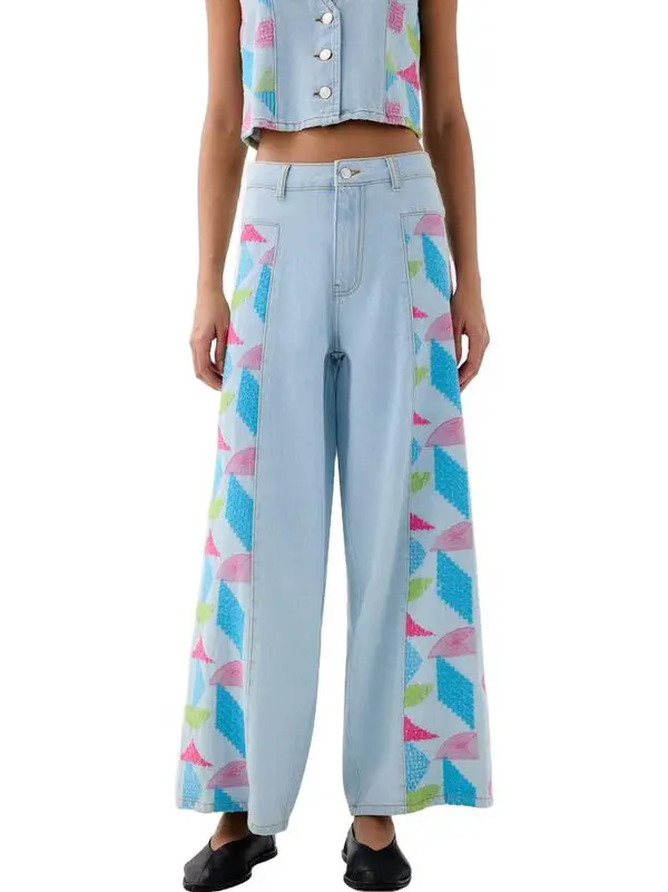 SCALPERS Embroidered Denim Culotte Trousers - Lightblue