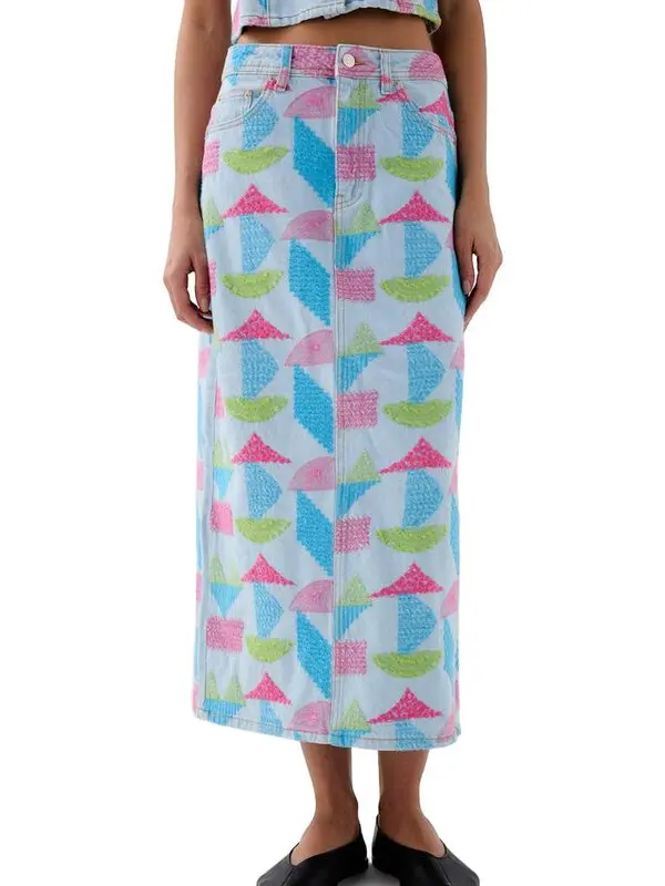 SCALPERS Three-colored Embroidered Denim Midi Skirt - Indigo