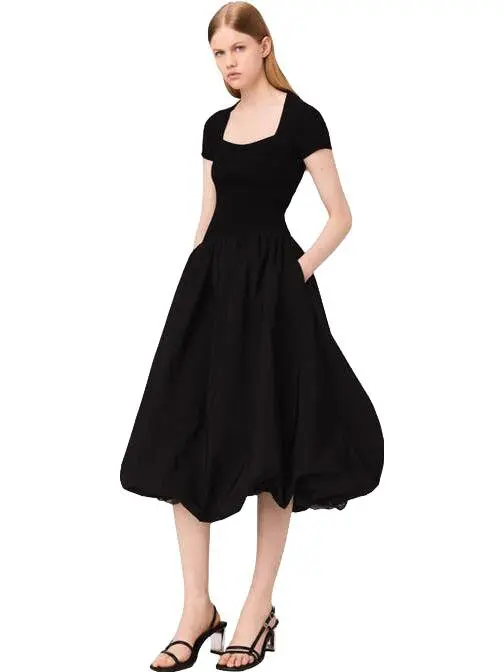 Maje Long Ribbed Knit And Taffeta Dress - Black