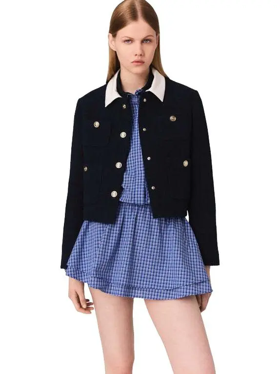 Maje Cropped Tweed Jacket With Removable Collar - Navy