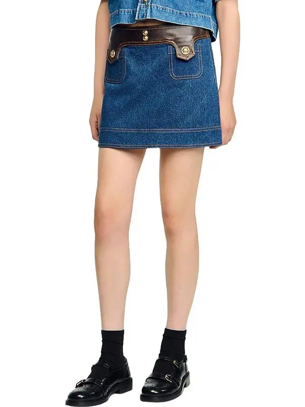Sandro Leather Trim Mini Denim Skirt - Dark Blue