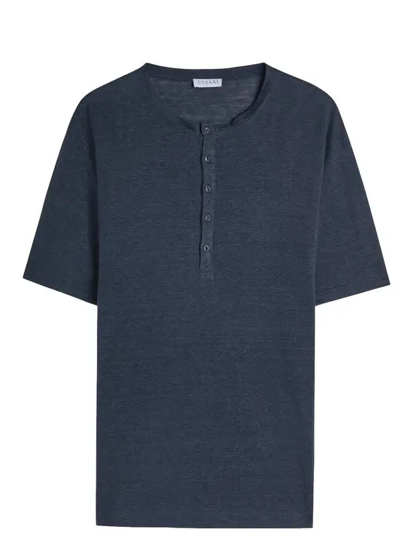 GUSARI Short Sleeve Henley Linen T-shirt - Navy