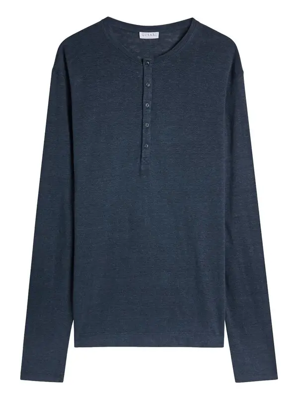 GUSARI Long Sleeve Henley Linen T-shirt - Navy