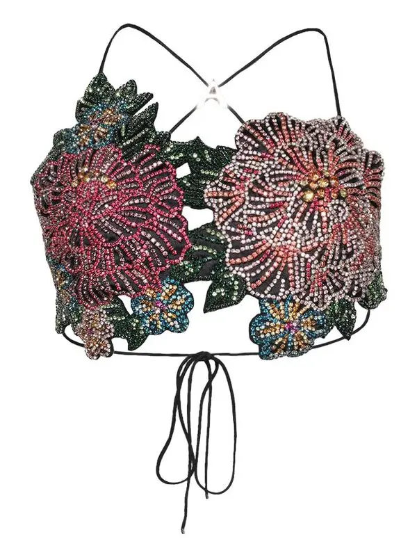 AREA Embroidered Crystal Flower Bra Top - Multi