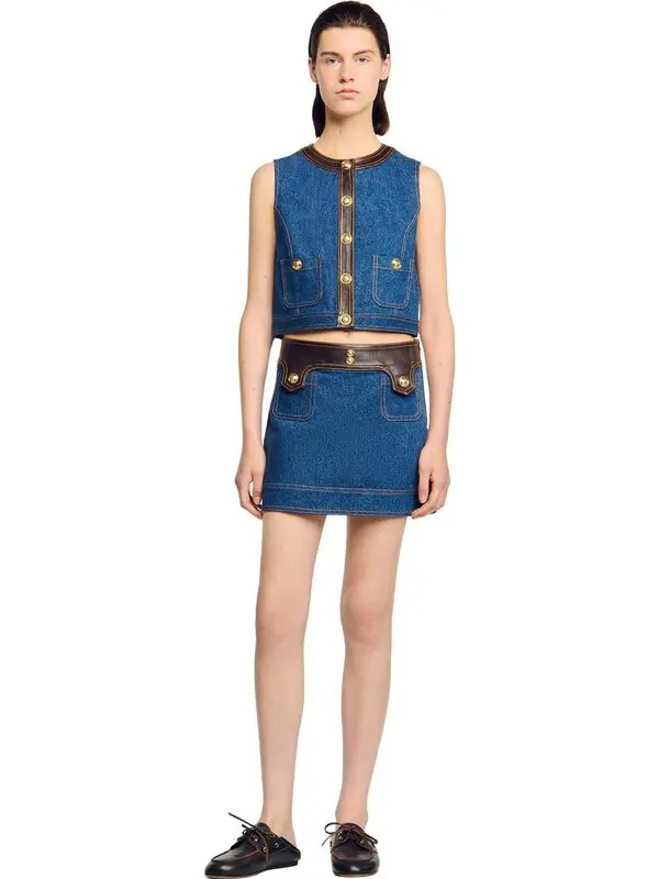 Sandro Cropped Denim And Leather Top - Dark Blue