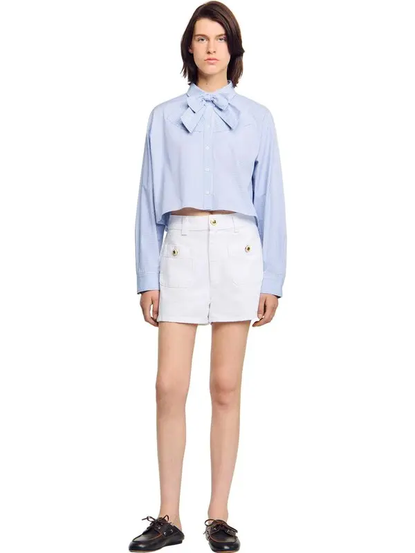 Sandro Bow Collar Checkered Cropped Shirt - Ciel / Blanc