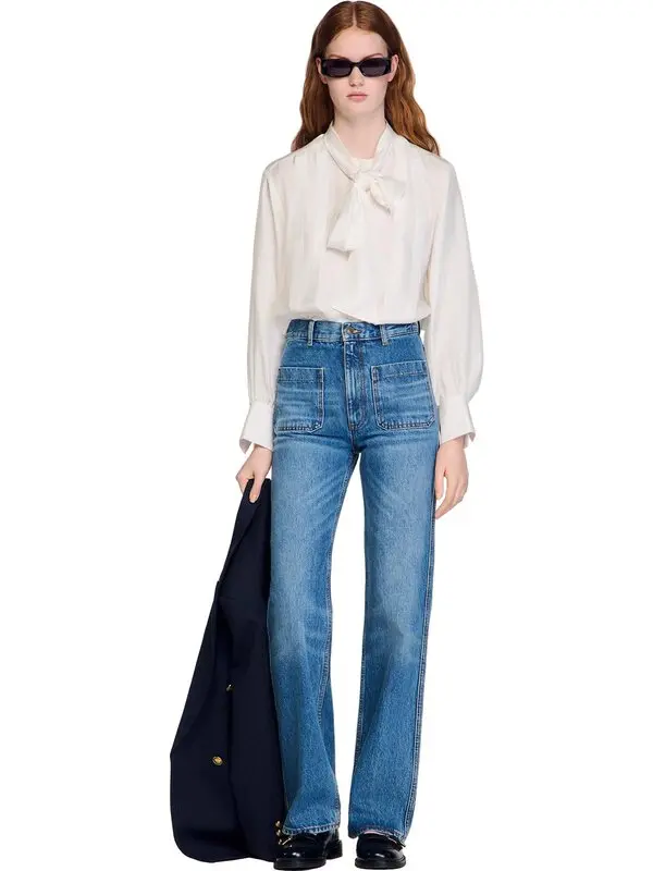 Sandro Silk Lavallière Shirt - Ecru