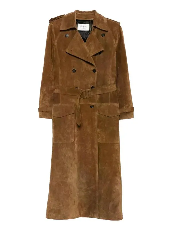 Saint Laurent Long Double-breasted Suede Coat - Brown