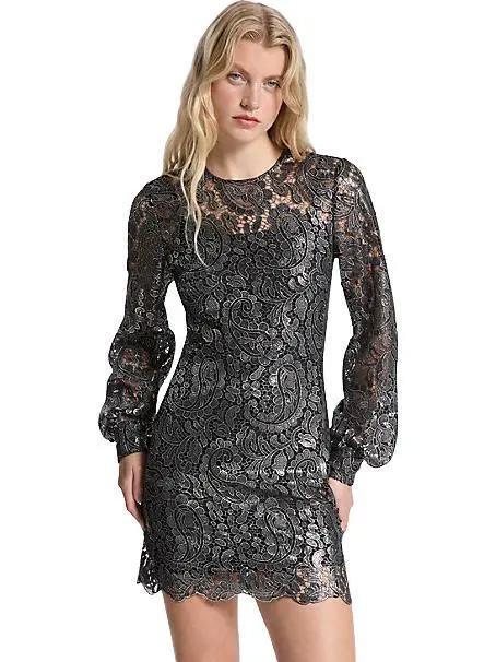 Michael Kors Metallic Paisley Lace Mini Dress - Grey