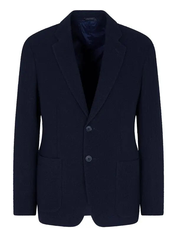 Giorgio Armani Single-breasted Jacket In Stretch Wool Seersucker - Blue
