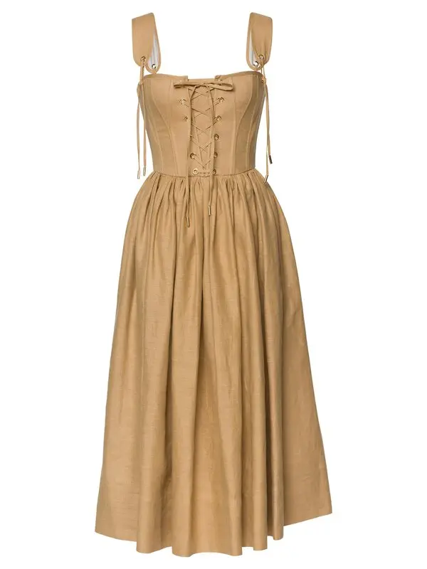 Lena Hoschek Giuseppina Lace-up Linen Midi Dress - Tan