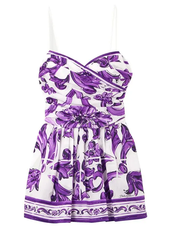 Dolce & Gabbana Gathered Printed Cotton-poplin Wrap-effect Mini Dress - Purple