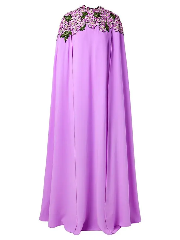 Oscar De La Renta Cape-effect Appliquéd Embellished Crepe Gown - Purple
