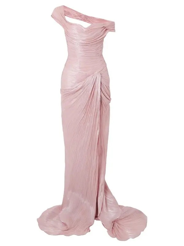MARMAR HALIM Off-the-shoulder Draped Metallic Plissé-taffeta Gown - Pink