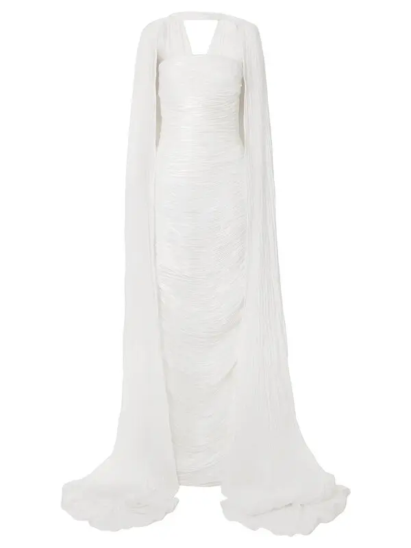 MARMAR HALIM Cape-effect Metallic Plissé-taffeta Gown - White