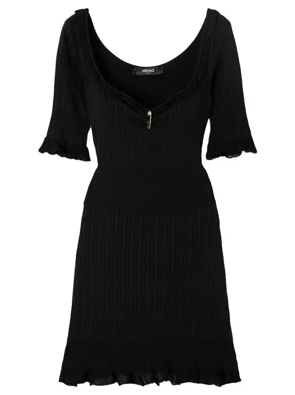 Versace Embellished Ruffled Cable-knit Wool-blend Mini Dress - Black