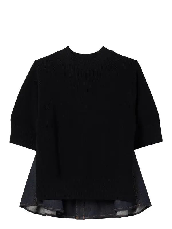 Sacai Paneled Ribbed-knit And Denim Top - Black