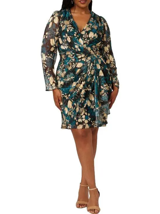 Adrianna Papell Long Sleeve Crinkle Foil Faux Wrap Dress - Teal Sapphire/gold