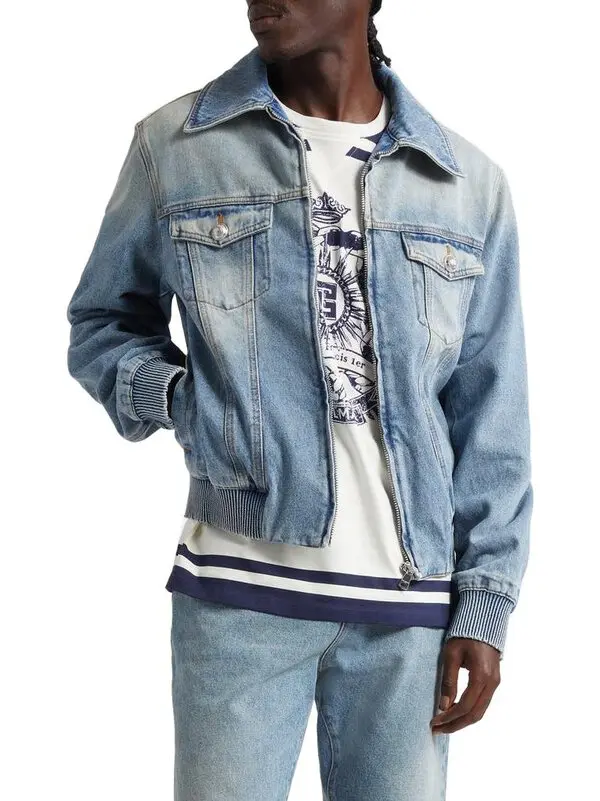 Balmain Monogram-lined Denim Bomber Jacket - 6aw Washed Blue Jean