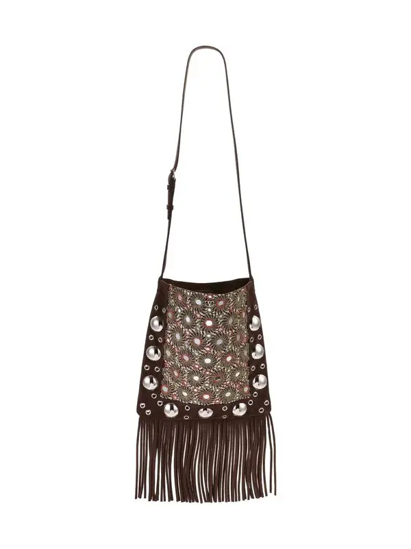 Valentino Garavani Medium Nellcôte Fringed Studded Suede Shoulder Bag - Multicolor/testa Di Moro