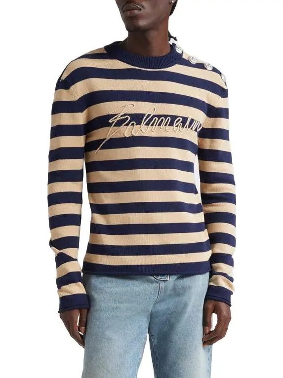 Balmain Embroidered Logo Striped Cotton Sweater - Soe Navy/camel