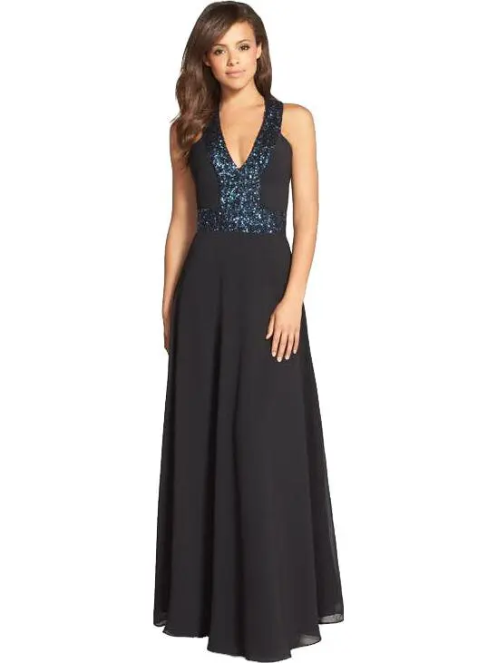 Dress The Population Delani Crepe Gown - Black/peacock