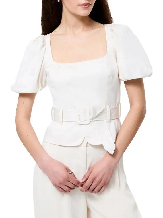 French Connection Belted Puff Sleeve Sateen Top - Porcelain Cream