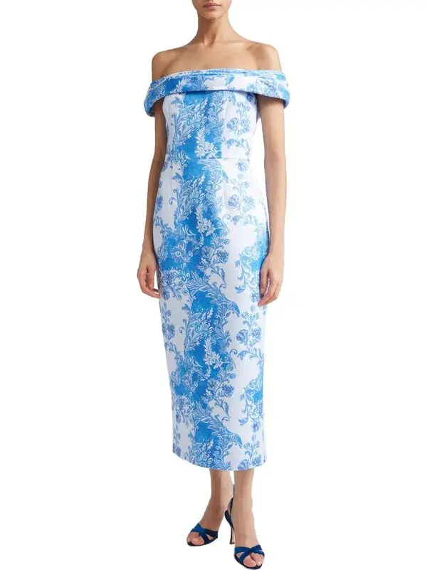 EMILIA WICKSTEAD Rochelle Floral Damask Off-the-shoulder Dress - Damask Floral Blue