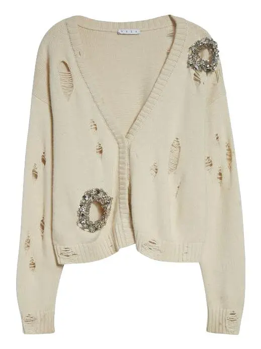 AREA Distressed Crystal Cotton & Cashmere Cardigan - Cream