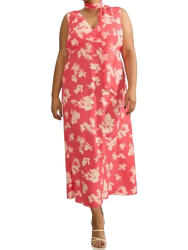 LIVE UNLIMITED Floral Print Midi Dress With Scarf - Coral