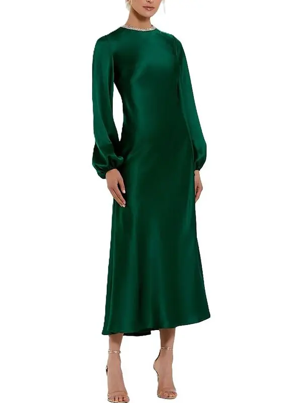 Mac Duggal High Neck Long Sleeve Crystal Detail Dress - Emerald