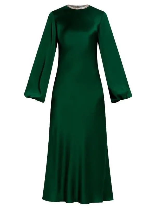 Mac Duggal High Neck Long Sleeve Crystal Detail Dress - Emerald