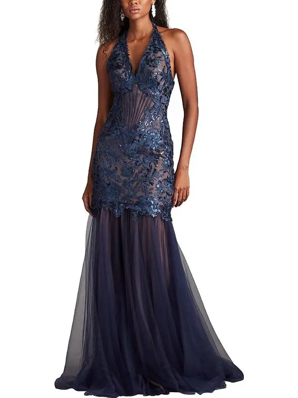 Tadashi Shoji Evaine Sequin Embroidered Tulle Gown - Midnight
