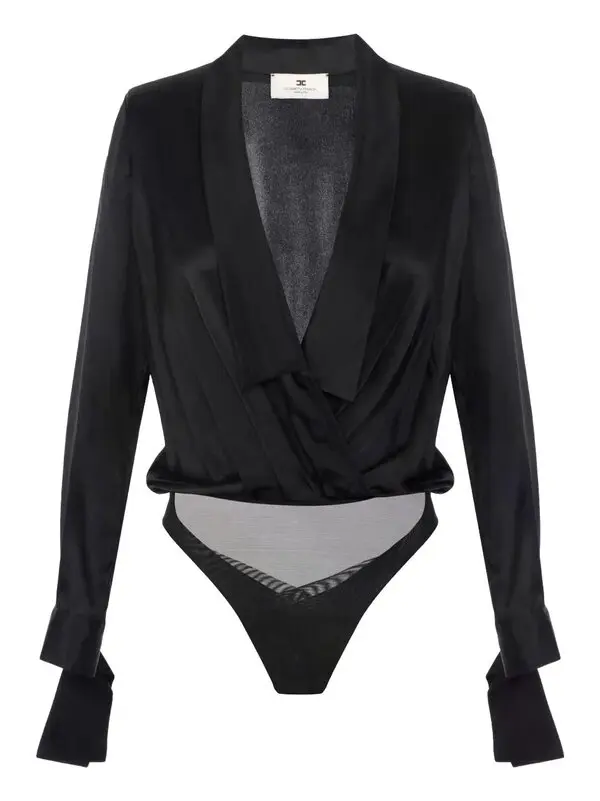 Elisabetta Franchi Satin Wrap Bodysuit - Black