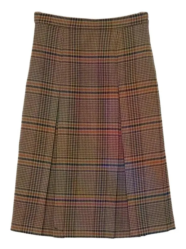 Saint Laurent Pleated Check Midi Skirt - Brown