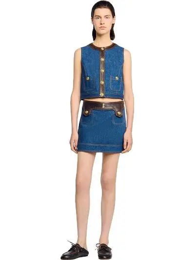 Sandro Denim And Leather Cropped Top - Blue