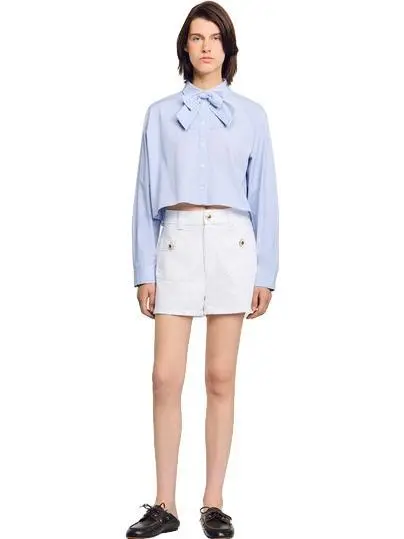 Sandro Small-check Cropped Shirt With Bow - Natural