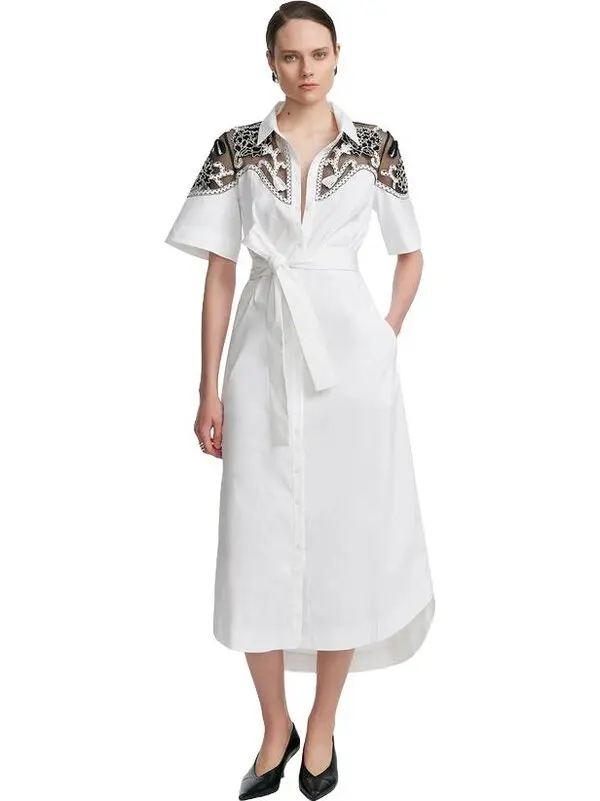 Lela Rose Abstract Floral Embroidery Belted Shirt Dress - Neutral