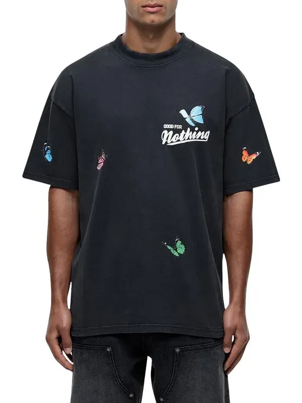 GOOD FOR NOTHING Flight Butterfly Print Relaxed Tee - Black