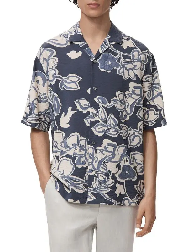 Mango Wrinkled Effect Floral Camp Shirt - Navy