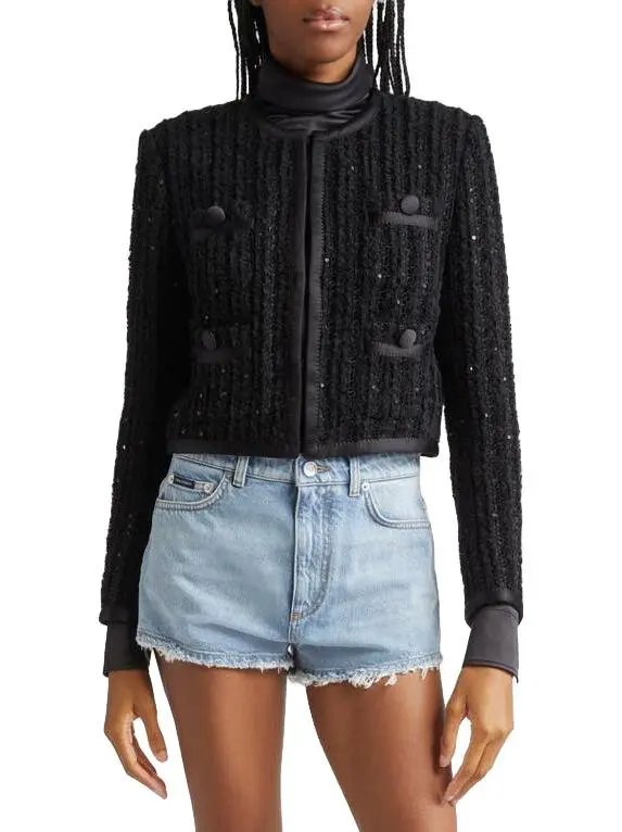Dolce & Gabbana Sequin Bouclé Tweed Crop Jacket - N0000 Nero