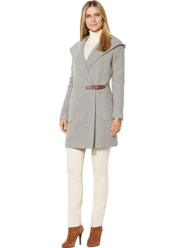 Ralph Lauren Hooded Drape Front Herringbone Coat - Grey