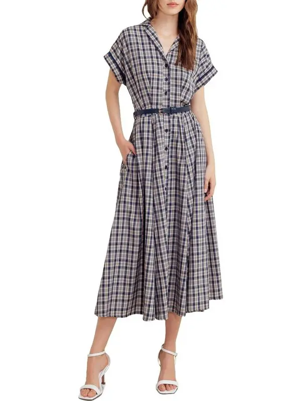 FREEMARKET Belted Plaid Shirtdress - Navy Multi