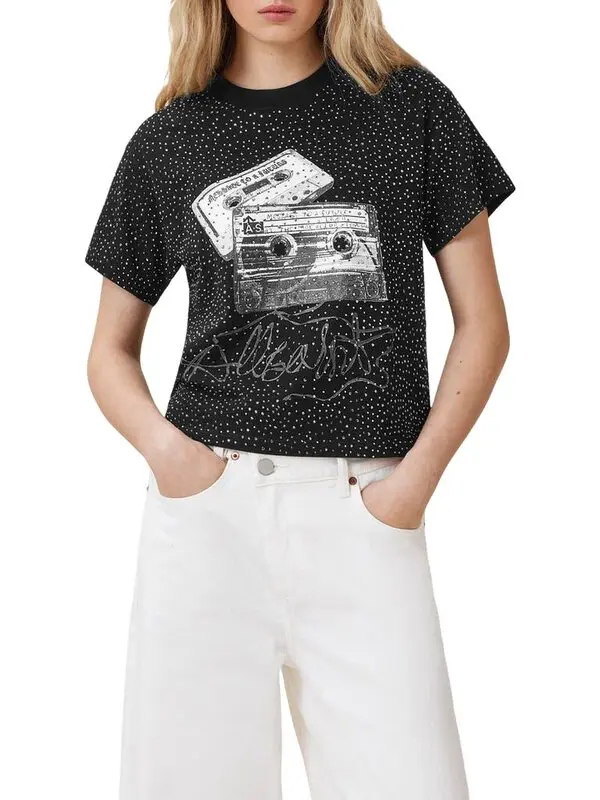 ALLSAINTS Reel Elle Rhinestone Graphic T-shirt - Black