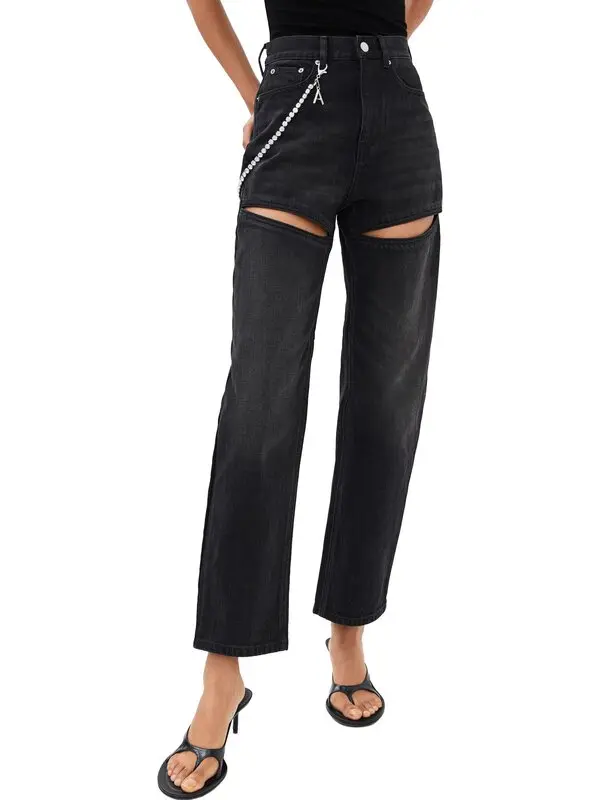 AREA Slit Jeans With Crystal Embellished Chain - Black